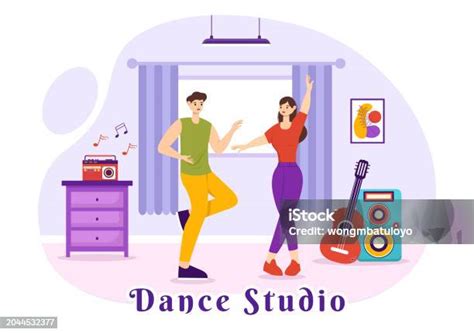 댄스 스튜디오 벡터 일러스트 레이 션 춤추는 커플 공연 음악과 함께 평면 만화 배경 디자인 건강한 생활방식에 대한 스톡 벡터 아트 및 기타 이미지 건강한 생활방식 공연