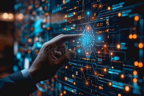 A Businessman Uses A Touch To Interact With A Neural Network Abstract Technology Stock Image