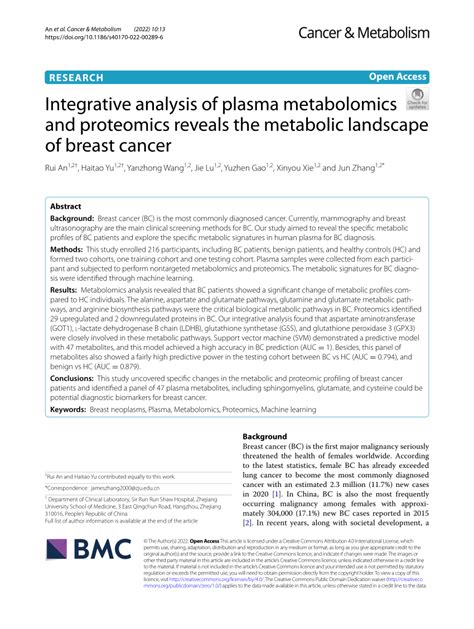 Pdf Integrative Analysis Of Plasma Metabolomics And Proteomics