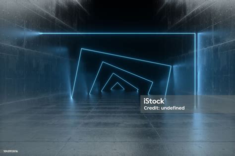 미래의 공상 과학 추상 블루 네온 빛 모양 검은 배경과 텍스트 3d 렌더링 그림에 대 한 빈 공간을 가진 반사 콘크리트에 0명에 대한 스톡 사진 및 기타 이미지 Istock