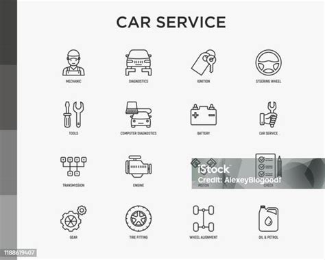 자동차 서비스 얇은 라인 아이콘 세트 정비사 컴퓨터 진단 점화 스티어링 휠 배터리 변속기 엔진 피스톤 오일 가솔린 타이어 피팅 현대 벡터 그림입니다 아이콘에 대한 스톡 벡터