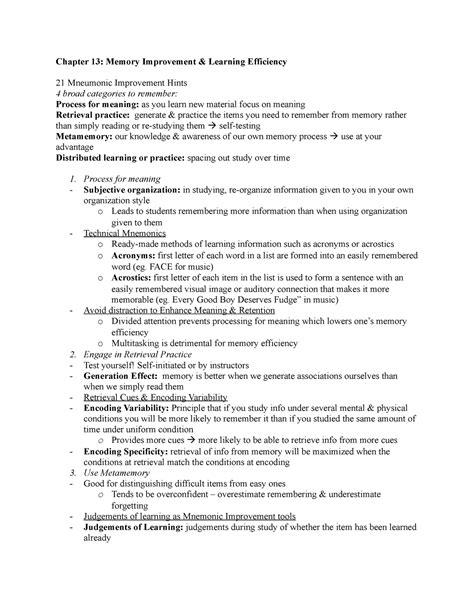 Chapter 13 Memory Improvement Learning Efficiency Chapter 13 Memory Improvement Studocu