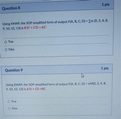 Solved 1 Pts Question 8 Using Kmap The Sop Simplified Form