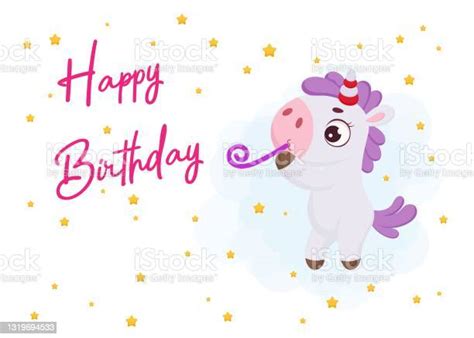 축하 파이프와 귀여운 마법의 유니콘 생일 축하 파티 인사말 카드 템플릿 밝은 컬러 스톡 벡터 일러스트레이션 0명에 대한 스톡