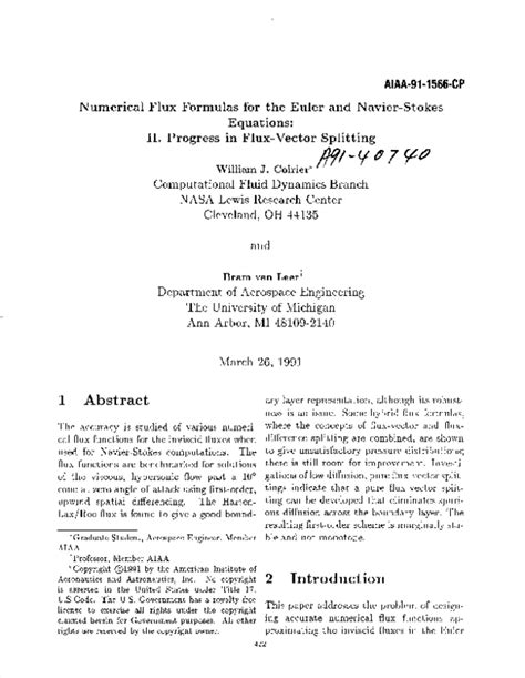 Pdf Numerical Flux Formulas For The Euler And Navier Stokes Equations