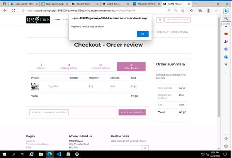 issue in the payment service while placing an order in the acme fitness