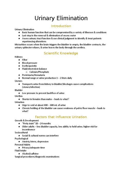Urinary Elimination Week 5 Lecture Notes Urinary Elimination Introduction Urinary