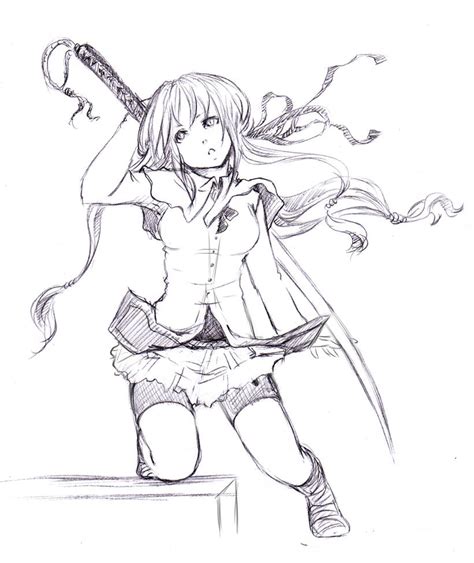 Anime Girl With Sword Drawing Sketch Coloring Page