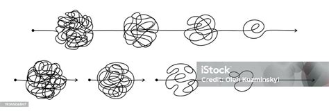 프로세스 단순화 어려운 것부터 간단한 것까지 복잡한 과정 혼돈 및 문제 개념이 혼란 스럽습니다 복잡하고 지저분하게 연결된 선 벡터 세트 혼란에 대한 스톡 벡터 아트 및 기타