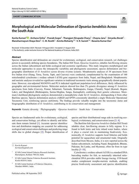 Pdf Morphological And Molecular Delineation Of Opsarius Bendelisis