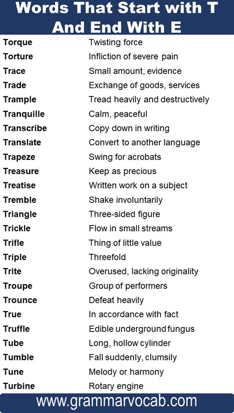 Words That Start With T And End With E Grammarvocab