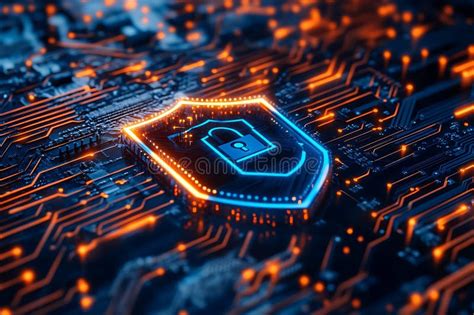 Futuristic Cyber Security Shield Data Protection Concept With Glowing Circuit Board Stock
