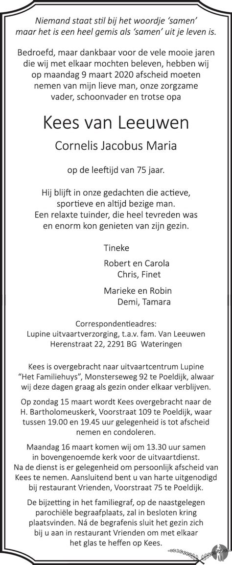 Kees Van Leeuwen 09 03 2020 Overlijdensbericht En Condoleances Mensenlinq Nl