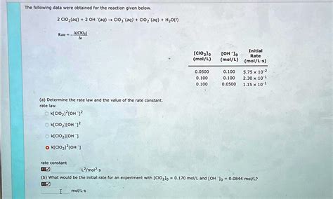 Solved The Following Data Were Obtained For The Reaction Given Below