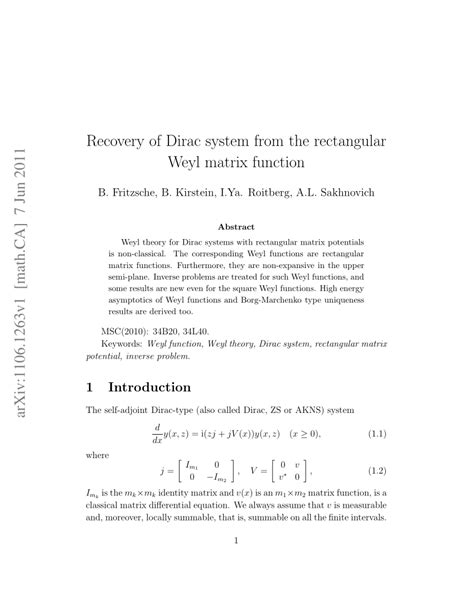 Pdf Recovery Of Dirac System From The Rectangular Weyl Matrix Function