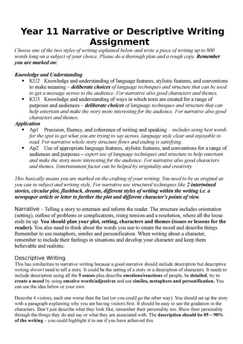 Year 11 Narrative Or Descriptive Assignment Year 11 Narrative Or