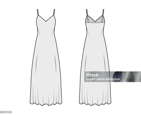 깊은 V넥 맥시 앙클 길이 느슨한 모양 세미 시르큘러 충만이 있는 스트랩 선 드레스 테크니컬 패션 일러스트 0명에 대한 스톡 벡터 아트 및 기타 이미지 Istock