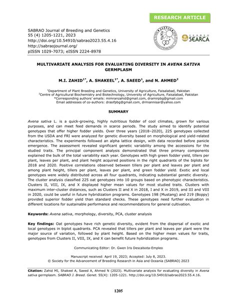 Pdf Multivariate Analysis For Evaluating Diversity In Avena Sativa Germplasm