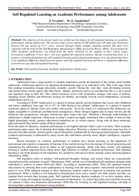 Pdf Self Regulated Learning On Academic Performance Among Adolescents