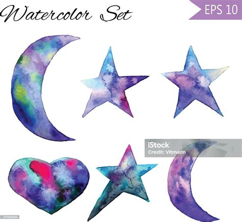 다채로운 수채화 별과 달 아이콘의 세트 벡터 일러스트레이션 기하 도형에 대한 스톡 벡터 아트 및 기타 이미지 기하 도형