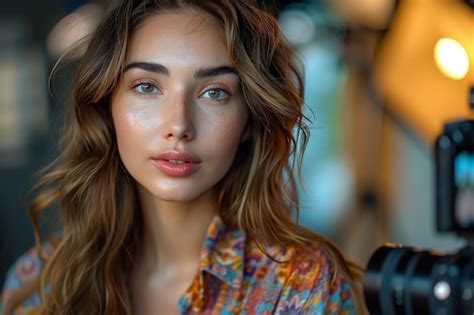 Premium Photo Influencer In Makeup Application While Filming A Video Lesson With Makeup Items