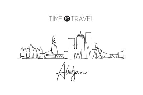 Premium Vector | One single line drawing abidjan city skyline ivory coast historical town ...