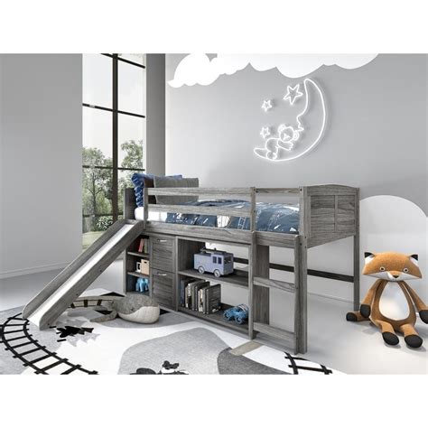 Twin Size Antique Grey Louver Storage Bookcase Loft Bed With Slide