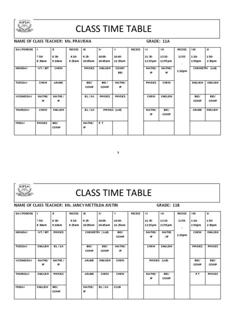 11a, B, C - D Class Time Table | PDF