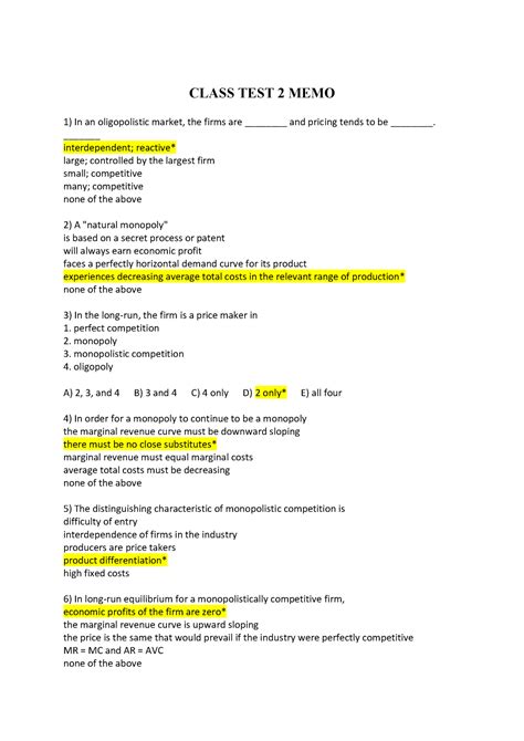 Class Test 2 Memo Copy Class Test 2 Memo In An Oligopolistic Market The Firms Are