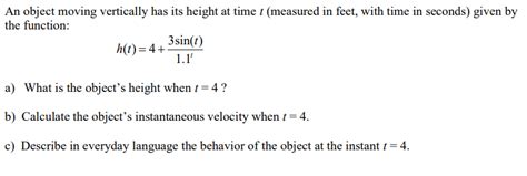 solved an object moving vertically has its height at time t