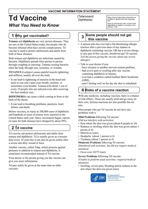 Vaccine Information Statement Td Or Tdap Vaccine Printable Pdf Download