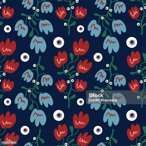 붉은 꽃과 작은 눈 매끄러운 패턴이있는 부시 손으로 그린 꽃 자유형 그리기 스타일 현대 현대 트렌디 할로윈 휴일 벡터 일러스트레이션 Drug에 대한 스톡 벡터 아트 및 기타