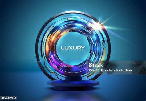 추상 라운드 3d 블루 연단 와 기술 서클 글로우 링 와 배경 블루 퍼플 조명 효과 제품 프리젠 테이션을 위한 벡터 파란 벽 배경 모형 사실적인 무대 쇼케이스 장면 가상