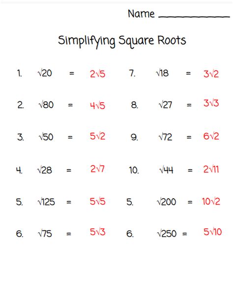Free Printable Worksheets Simplifying Square Roots Worksheets Hq
