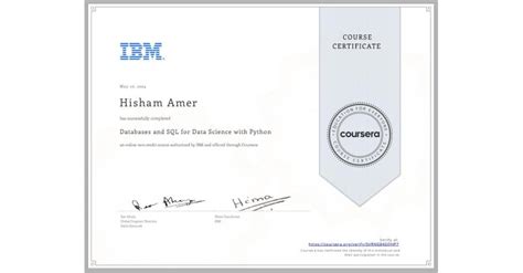 hisham ِamer on linkedin completion certificate for databases and sql