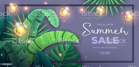 열대 지방의 나뭇잎과 빛의 끈이있는 여름 큰 판매 포스터 여름 열대 잎 배경 벡터 일러스트 레이 션 Publicity Event에 대한 스톡 벡터 아트 및 기타 이미지