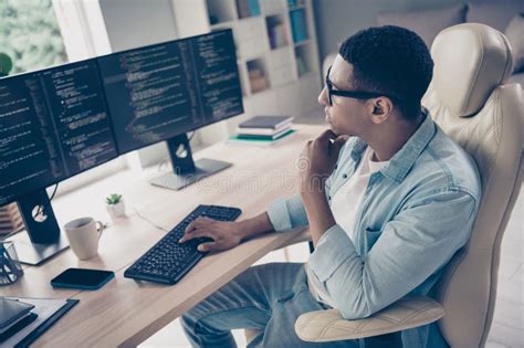 Side Photo Of Male Programmer Student Thinking How Fix Bugs Error In