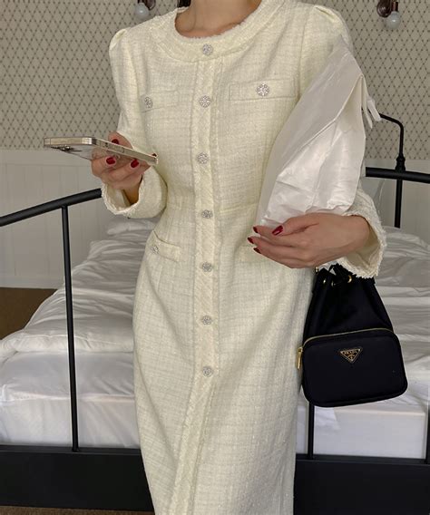 에센샤 트위드 퍼프 뒷트임 롱 원피스