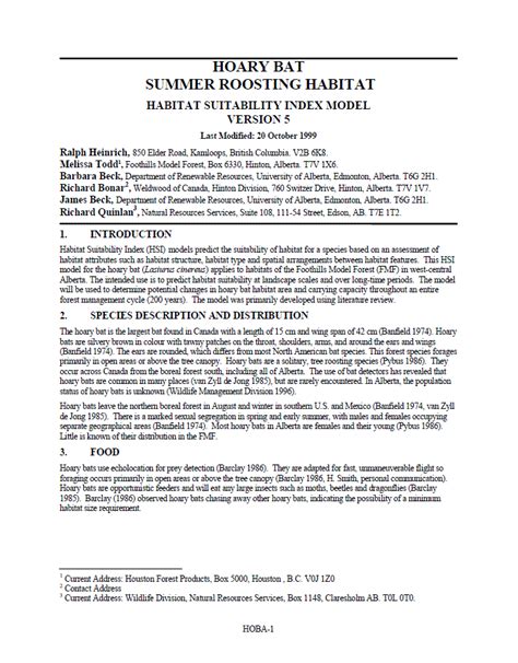 Hoary Bat Summer Roosting Habitat Habitat Suitability Index Model