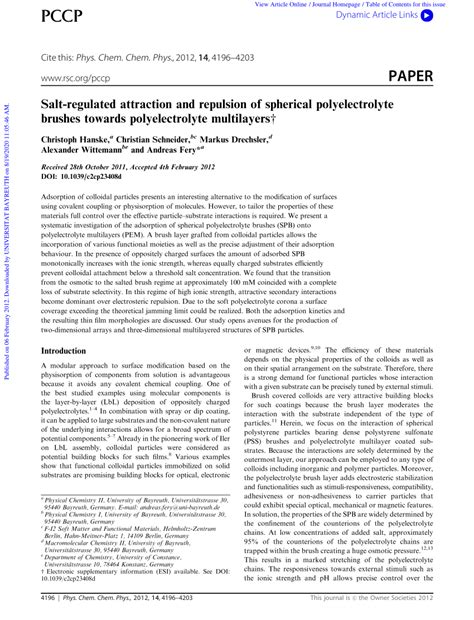 Pdf Salt Regulated Attraction And Repulsion Of Spherical Polyelectrolyte Brushes Towards