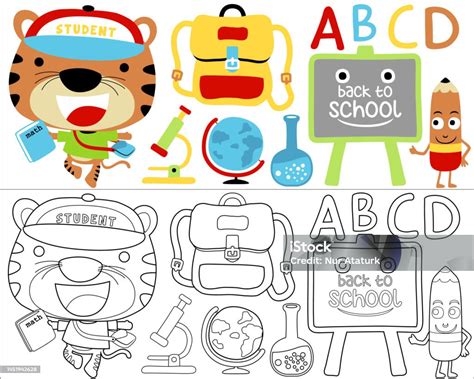 학용품 색칠 공부 책 또는 페이지가 있는 재미 있는 호랑이 만화의 벡터 그림 0명에 대한 스톡 벡터 아트 및 기타 이미지 0명 가방 고양잇과 Istock