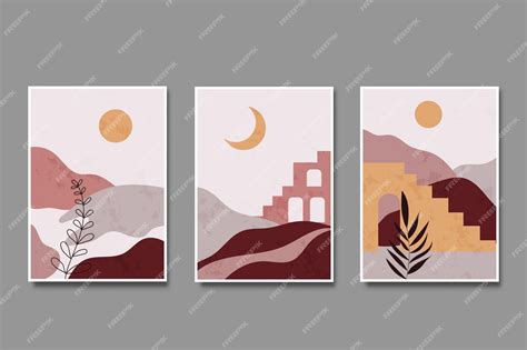 추상 Boho 미적 현대 풍경 그림 포스터 세트의 집합 프리미엄 벡터