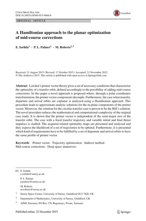 Pdf A Hamiltonian Approach To The Planar Optimization Of Mid Course