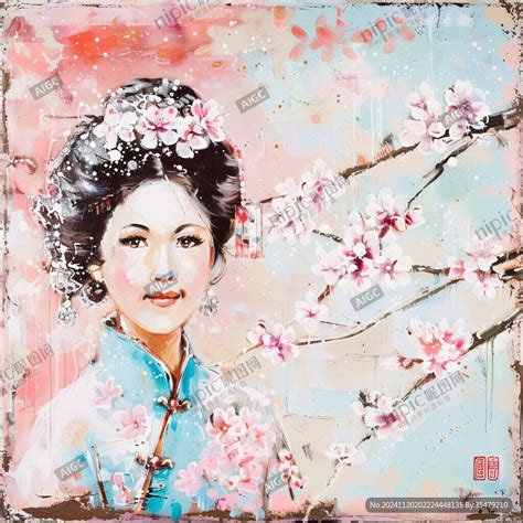 ai创作图水彩旗袍美人 水彩清朝美女 桃花美人图 油画桃花开 江南美女油画 油画桃花 陈村粉装饰画 桃花美人插画 桃花仕女图 桃花油画 手绘