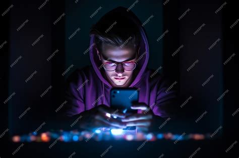 man scrolling mobile phone screen in dark room generative ai premium