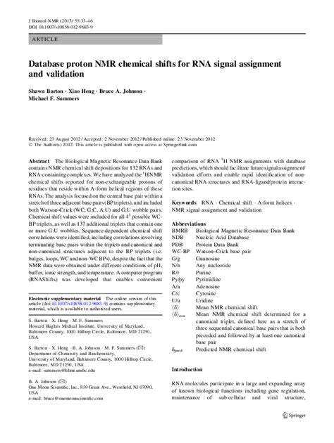 Pdf Database Proton Nmr Chemical Shifts For Rna Signal Assignment And