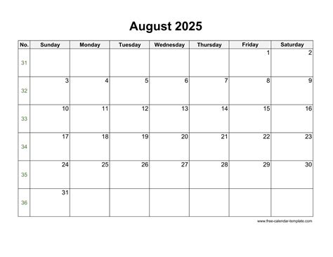 Free 2025 Calendar Blank August Template Horizontal Free Calendar