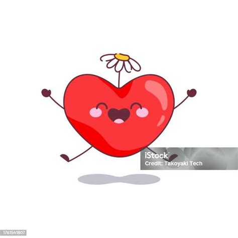 데이지를 안고 있는 기쁨의 하트 캐릭터 기뻐하는 발렌타인 데이 일러스트 하트 마스코트는 사랑과 행복에 매우 흥분합니다 로맨틱한 표현과 사랑스러운 순간을 위한 벡터 디자인 2