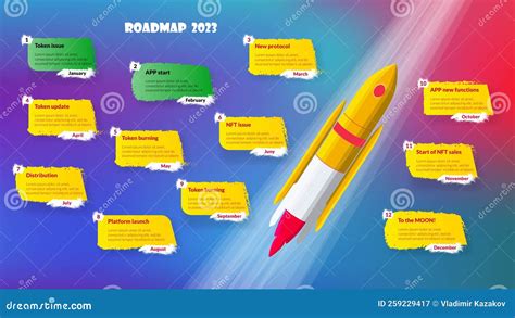 Colorful Roadmap With Flying Space Rocket And Stickers With Copy Space For Stages On Blue