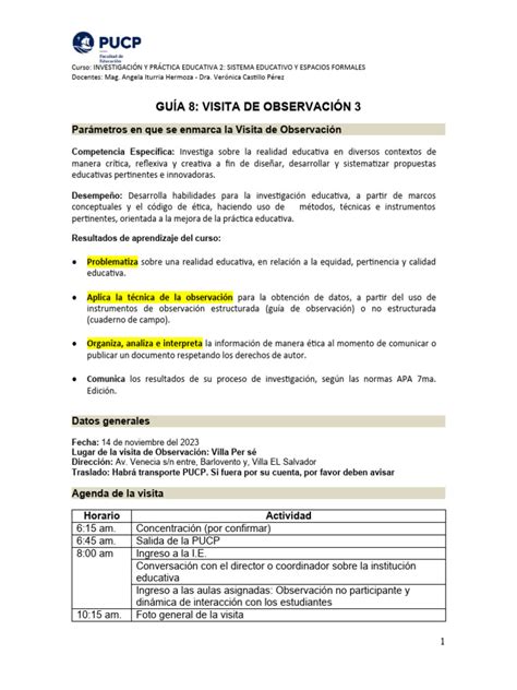 Guía 8 Visita De Observación 3 Pdf Maestros Enseñando